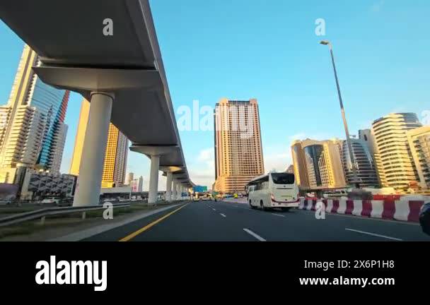 Dynamic Urban Highway Scene with Modern Skyscrapers, View from a ...