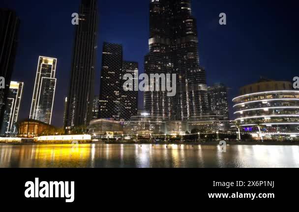 Nighttime Panorama of Burj Khalifa and Surrounding Skyscrapers, Stunning nighttime view of the ...