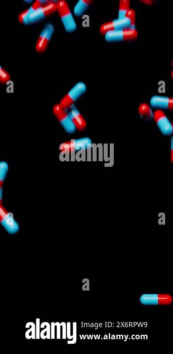 Blue and red pills fall down and fill screen area. Medicine capsules ...