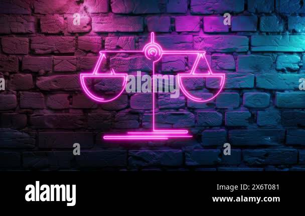 Video footage of Pink glowing Balance or scales neon icon on brick wall ...