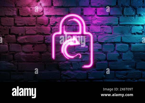 Video footage of Pink glowing Reset,Lock neon icon on brick wall ...