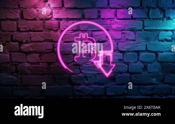 Video footage of Pink glowing Bitcoin price decrease neon icon on brick ...