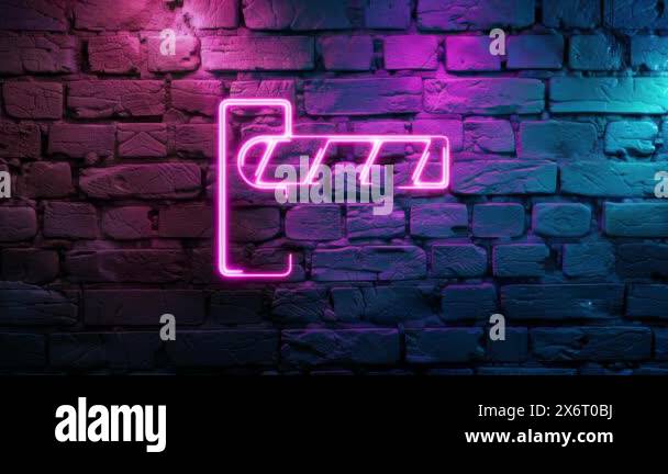 Video footage of Pink glowing Barrier gate neon icon on brick wall ...