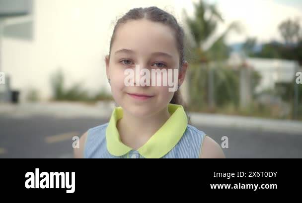 Portrait Little Child Girl Looking at Camera Standing on Street in City ...