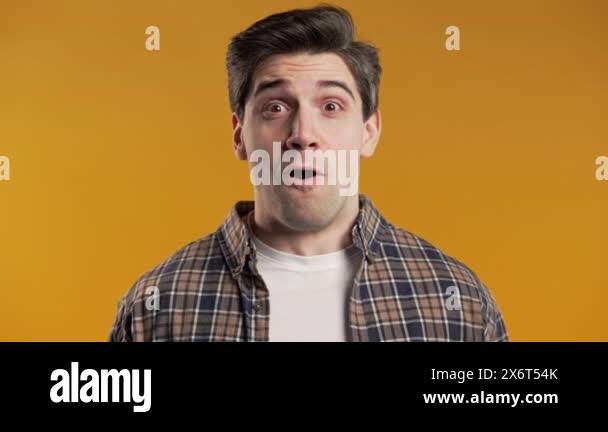 Shocked man glad, he screaming WOW. Impressed guy trying to get ...