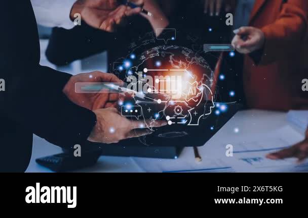 double exposure of man and woman working together and human brain ...