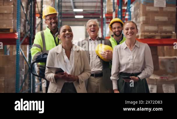 People, laughing and factory warehouse with teamwork for inventory ...