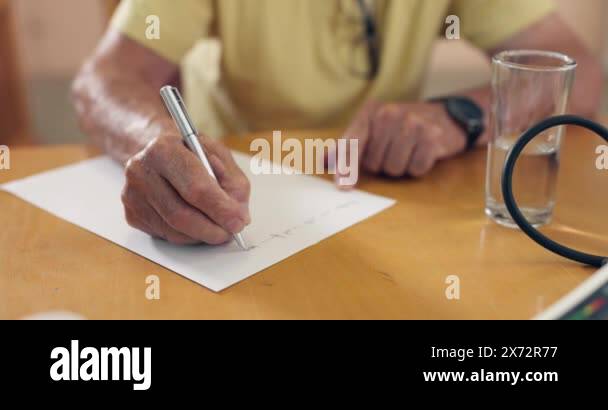 Hands, senior person and writing letter with pen for communication ...