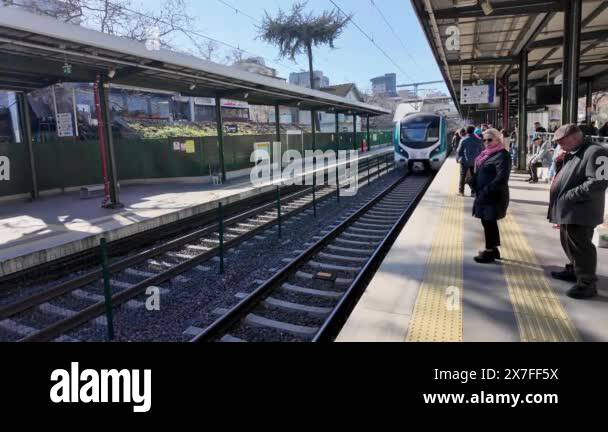 Istanbul, Turkey - 13 April 2024: Marmaray metro train arrives at metro ...