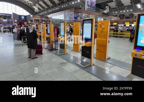 Istanbul, Turkey - 14 April 2024: People using Pegasus airlines self ...
