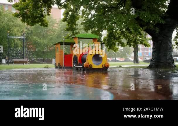 Vibrant playground equipment, including a toy train and slide, wet from ...