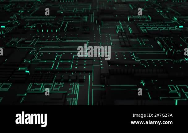 Abstract 3D background with computer board and glowing green circuits ...