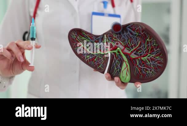 Model of the liver with injection syringe in hands of doctor ...
