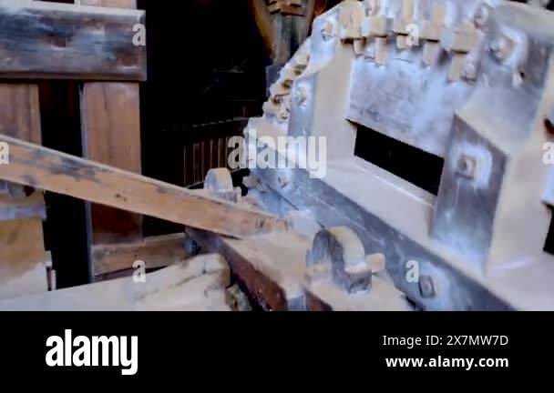 Close up view of internal moving parts of a traditional Dutch windmill ...