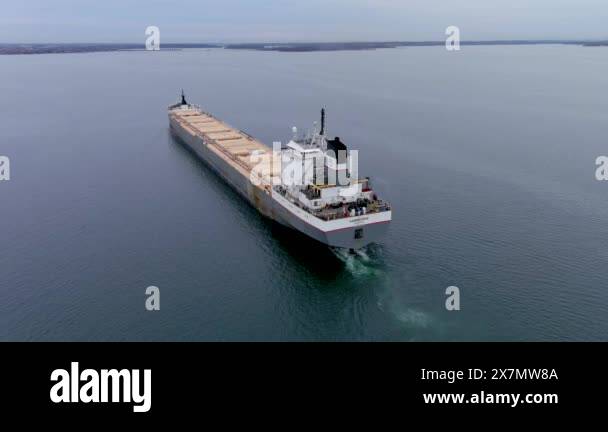 4K aerial footage of a cargo ship navigating the St Lawrence Seaway ...