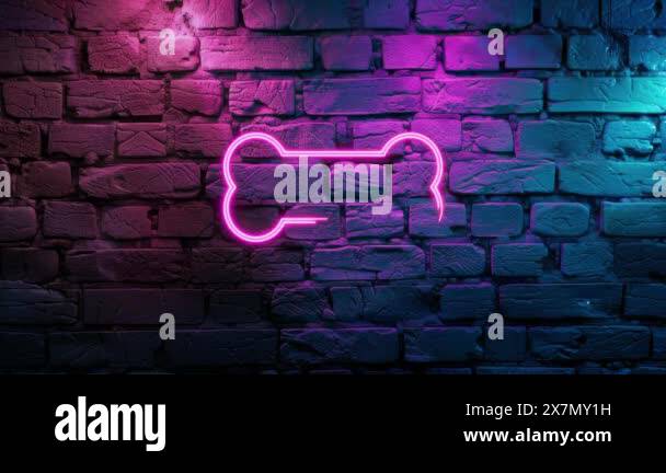 Video footage of Pink glowing Dog bone sign neon icon on brick wall ...