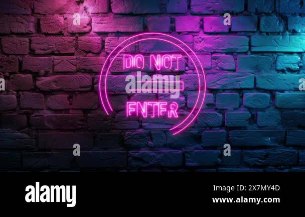 Video footage of Pink glowing Do not Enter neon icon on brick wall ...