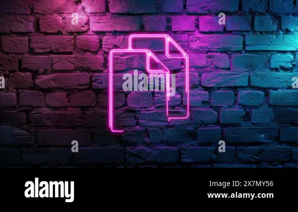Video footage of Pink glowing Duplicate file sign neon icon on brick ...