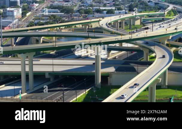 Massive highway intersection in American city area. Stacked elevated ...