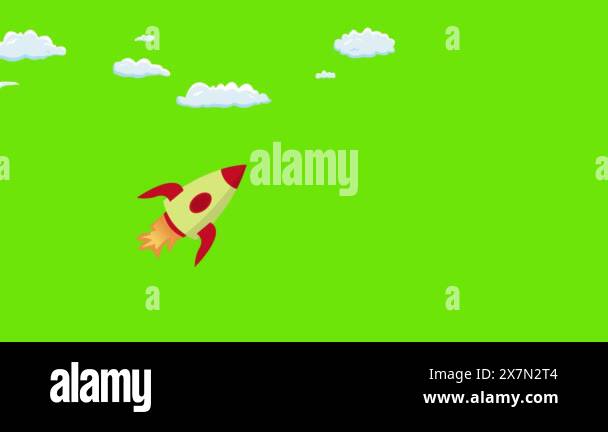 Cartoon rocket launch with clouds animation on green screen background ...