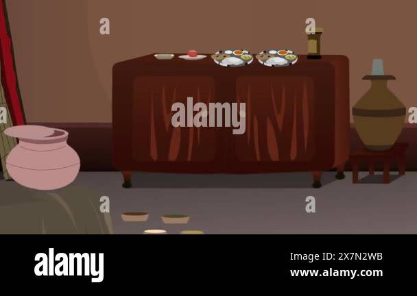 village living room animation, poor farmer house, day to night motion ...