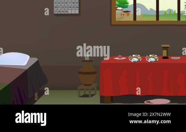 village living room animation, poor farmer house, day to night motion ...