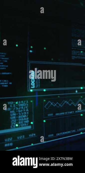 Close up shot of a computer login screen in a modern data center then ...