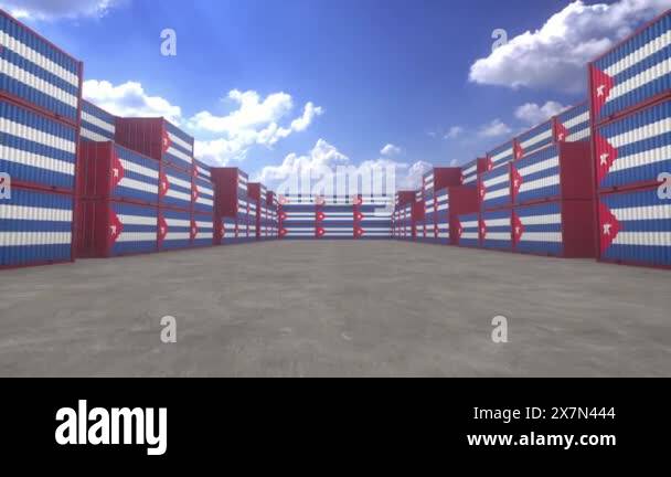 Cuba flag containers are located at the container terminal. Cuba export or import concept, 4K ...