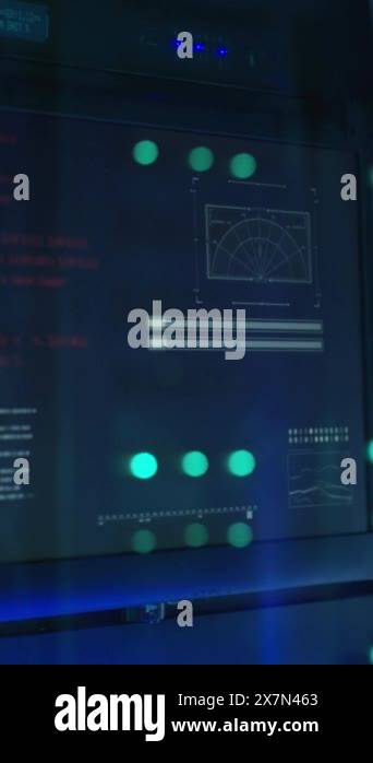 Close up vertical shot of computer monitor screen with user interface ...