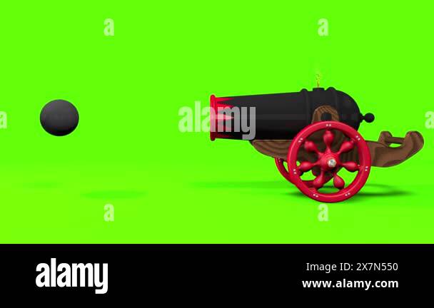 Old black and red cannon with wooden stand firing iron balls against ...