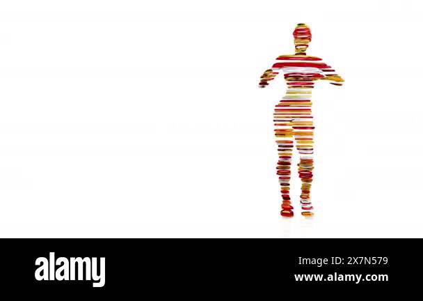 Figure of woman made up of red and orange ribbons dancing against white ...