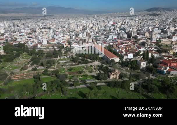 Athens 5-10-2024 Greece Athens , drone aerial view of Stoa of Attalos - Museum of the Ancient ...