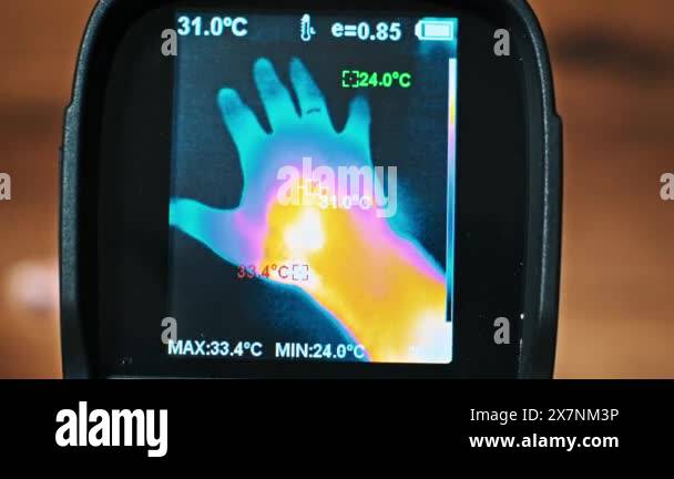 A thermal camera captures the varying temperatures of a hand ...