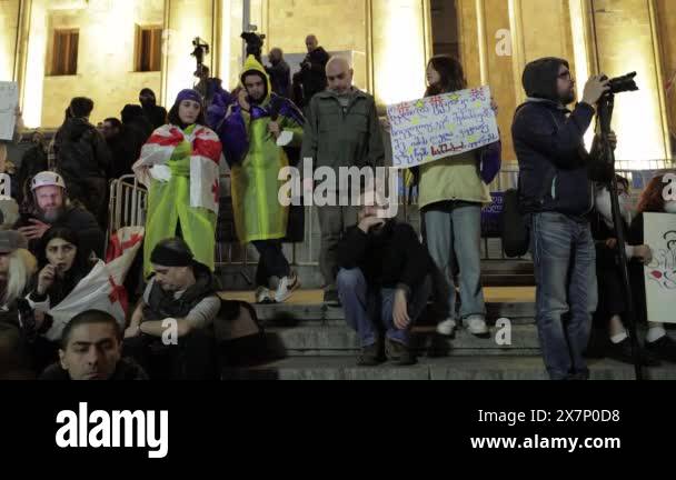 Tbilisi, Georgia - 12th May, 2024: Protestors gather on the steps of a ...