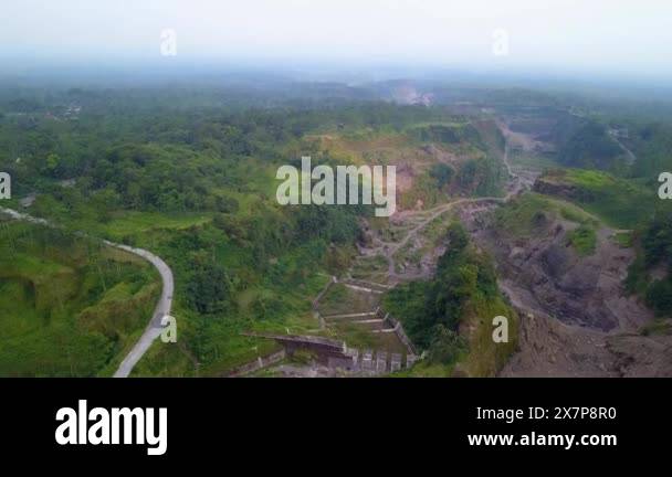 4k aerial footage of the Mount Merapi area, consisting of ravines that ...