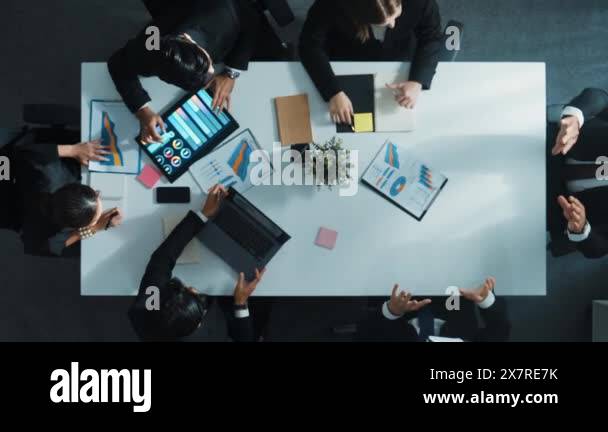 Top down aerial view of smart businessman use vr headset to enter ...