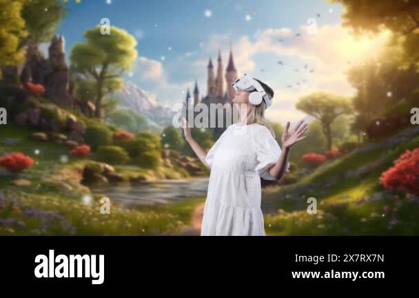 Excited smiling woman looking via VR getting fresh air in fairytale ...