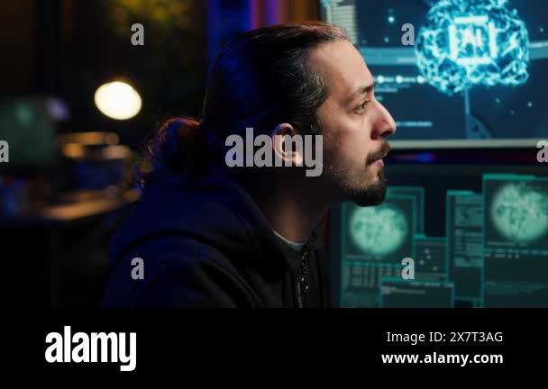 Hacker Using Ai Machine Learning On Computer To Produce Malware Corrupting Data Scammer Working