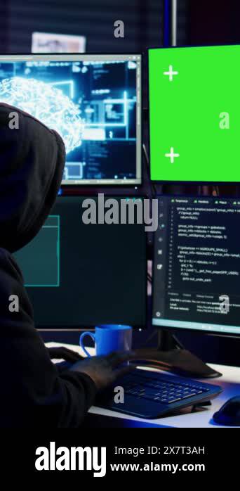 Vertical video Hacker using green screen PC and AI to find unpatched connections and steal data ...