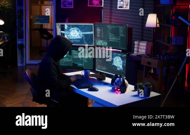 Evil Cybercriminal Using Ai Deep Learning To Produce Virus Corrupting Data Rogue Programmer