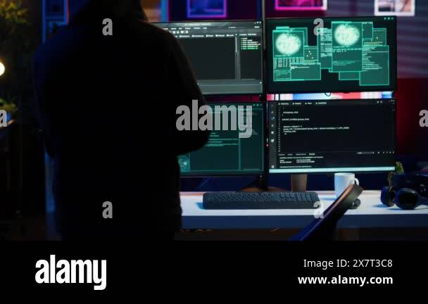 Hacker Arriving In Hidden Underground Shelter With Laptop Prepared To Launch Malware Attack On