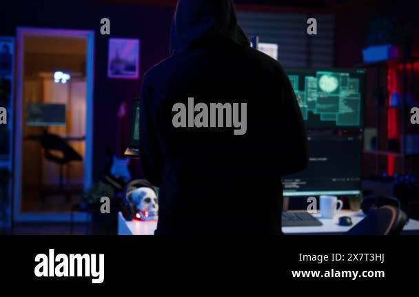 Hacker Arriving In Hidden Underground Shelter With Laptop Prepared To Launch Malware Attack On