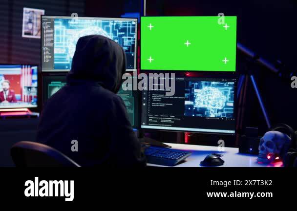 Hacker Using Ai Machine Learning And Isolated Screen Computer To Produce Malware Corrupting Data