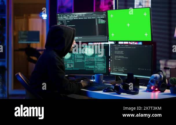 Hacker Coding On Isolated Screen Computer Monitors Developing Zero Day Exploit Undetectable By