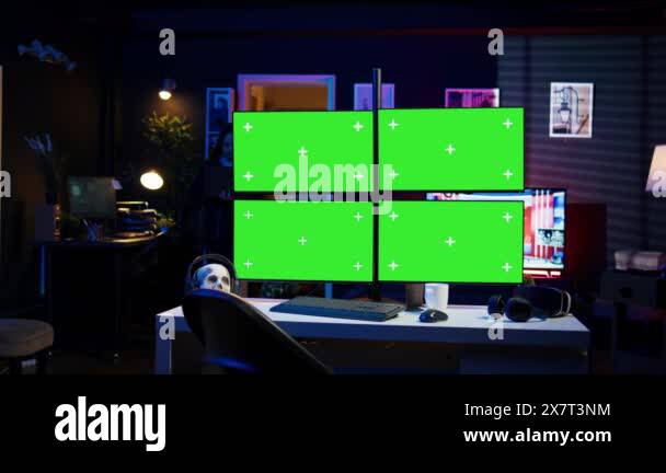 Hacker using isolated screen multi monitor PC setup, doing computer ...