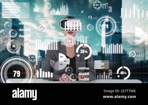 Woman typing on keyboard selecting dynamic market data analysis monitor by VR global innovation ...