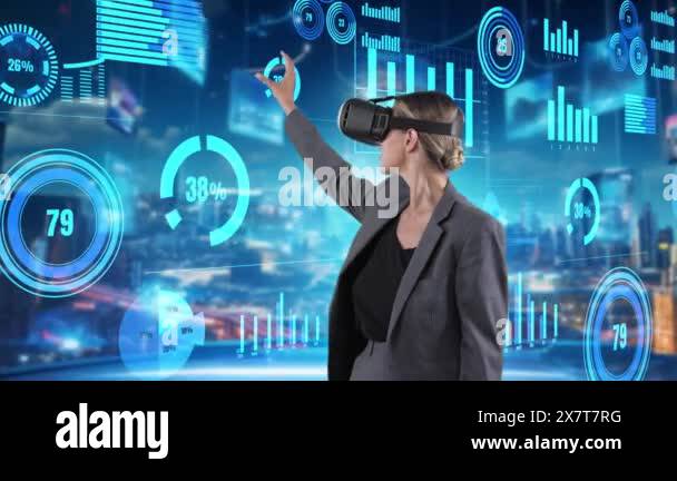 Woman reporter presenting news of pointing market data graph analysis ...