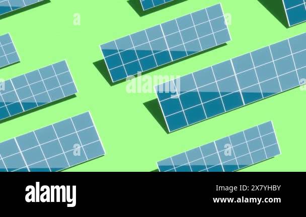 Solar panel field stylized animation, camera rotates and panning left ...