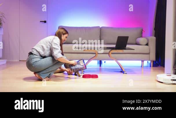 Domestic life with pet. Woman feeding his hungry cat at home. A ...