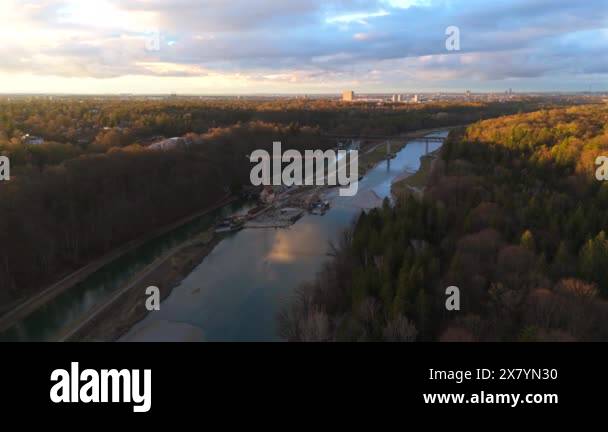 Grosshesseloher Brucke on Isar River in Munich, Germany aerial view ...